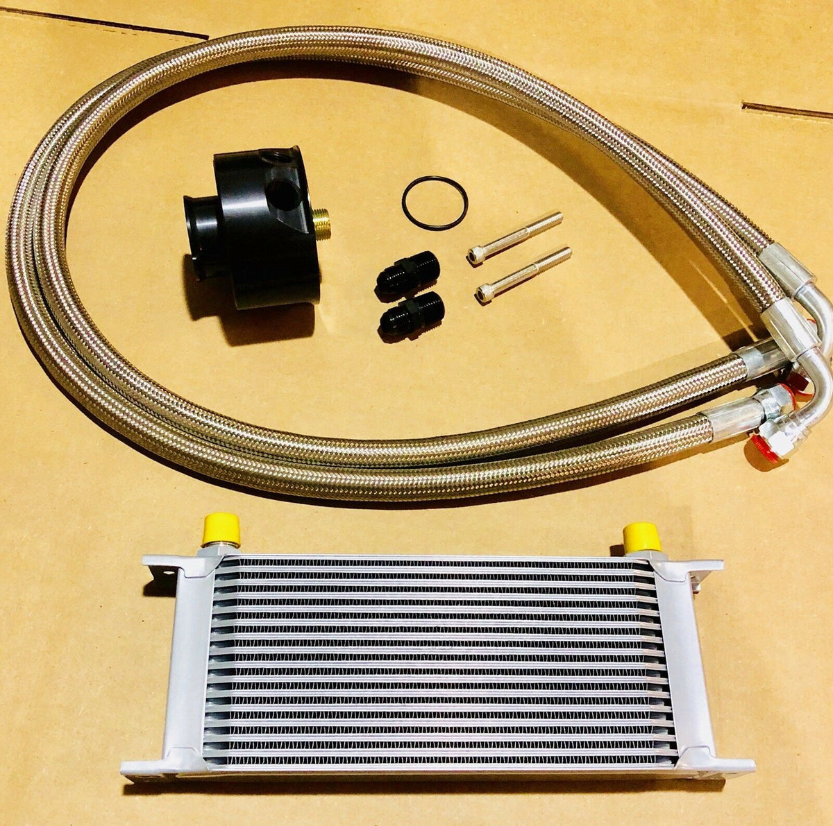 Oil Cooler Kit SBC BBC Chevy GM Stainless Hose Billet Plate Camaro Spi ...